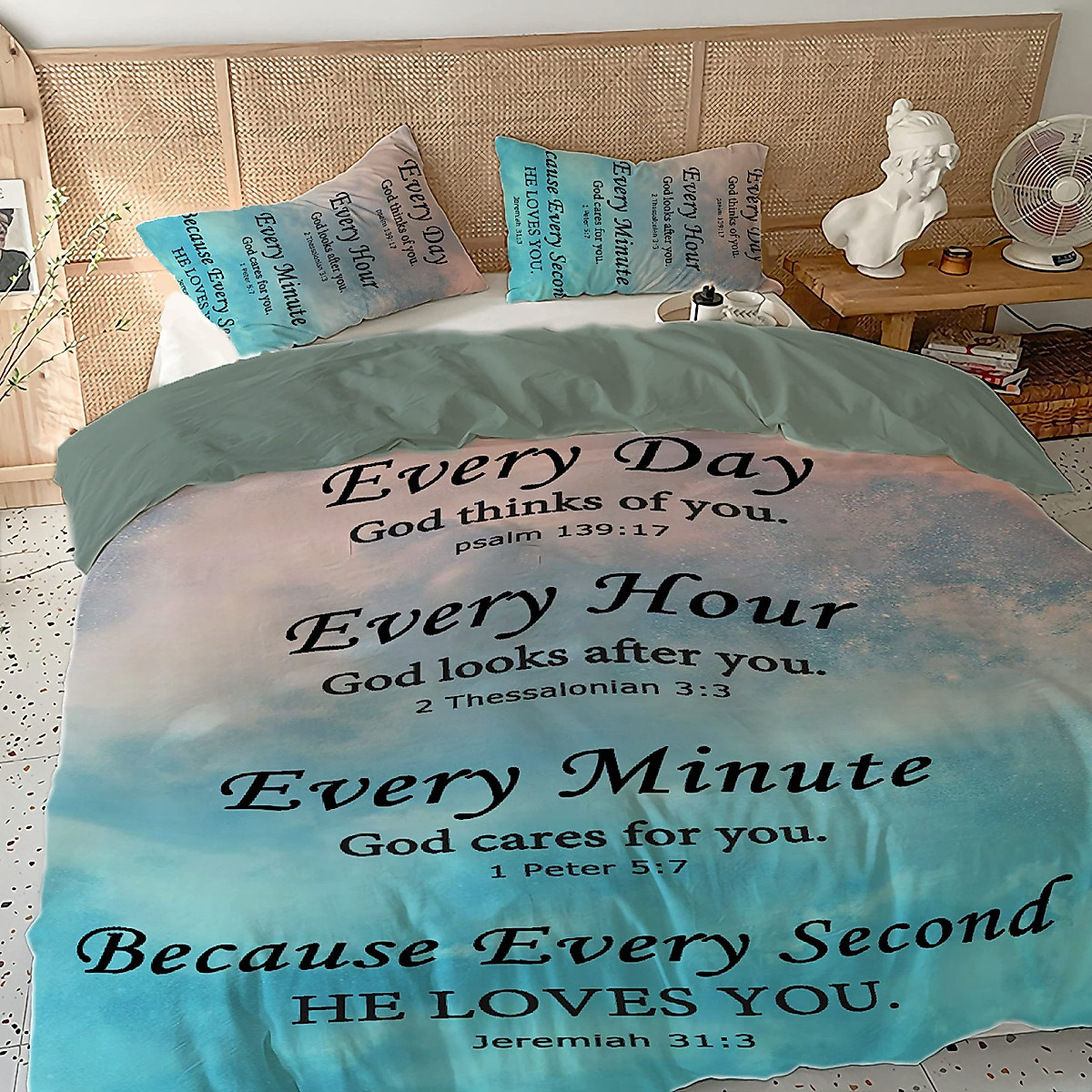 Todeyya Bible Verse Inspirational Thoughts 3 Pieces Duvet Cover (King Size) with 2 Pillow Shams, Microfiber Lightweight 3pcs Comforter Cover Set Coverlet, with Zipper Closure Corner Bedding All Season