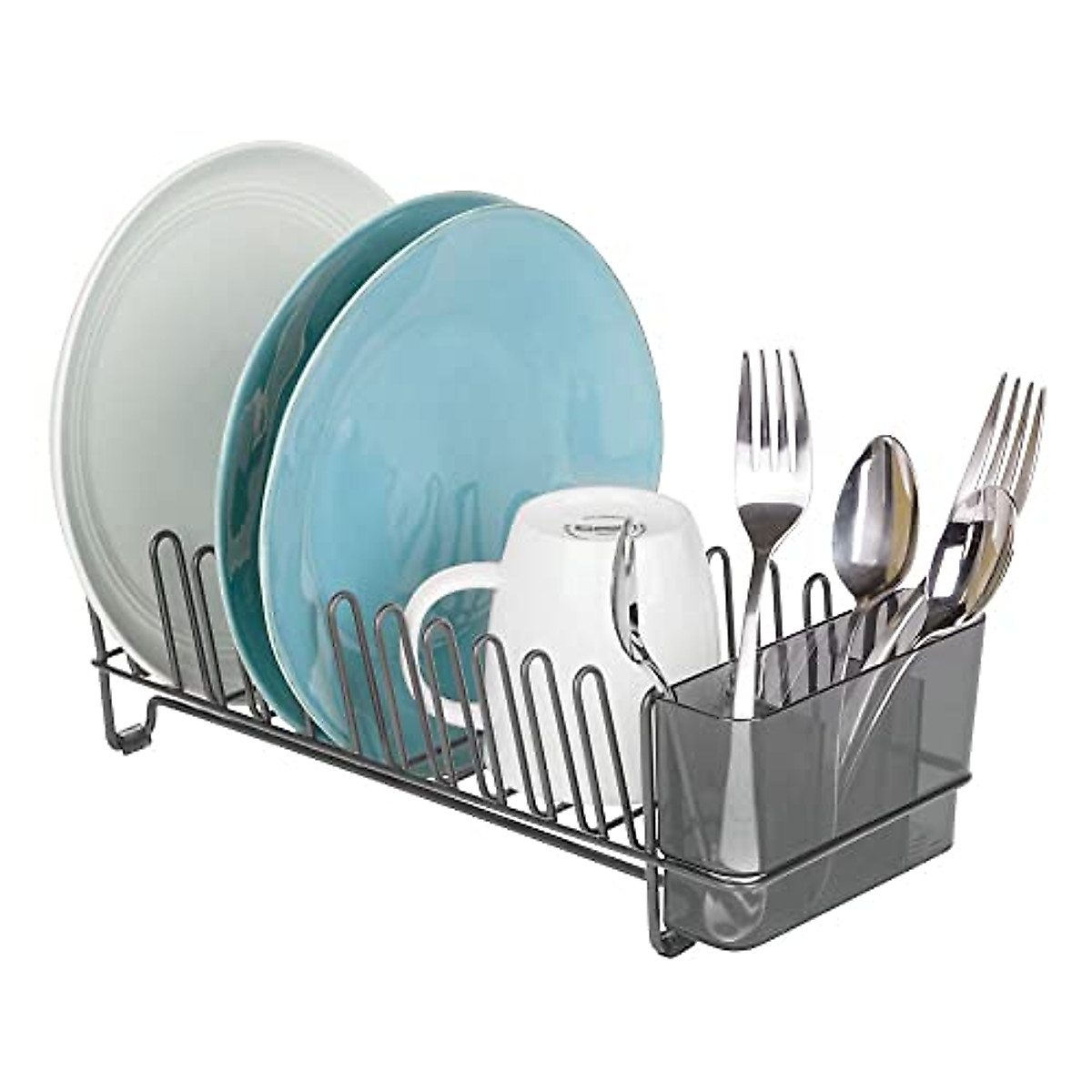 mDesign Steel Compact Dish Drying Rack w/Removable Cutlery Tray, Caddy, Dish Drainer, Rack for Kitchen Counter, Sink; Holds Dishes, Utensil, Board; Concerto Collection, Graphite Gray/Smoke Gray