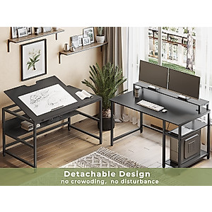 SEDETA L Shaped Computer Desk with Hutch, Drafting Drawing Table for Artists, 68.9 inches Corner Computer Desk for Home Office, Workstation Table with Monitor Stand Riser and Tiltable Desktop, Black