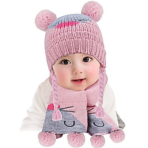 Hicdaw Toddler Winter Hat Scarf Gloves Set Baby Winter Hat Knit Beanie Hat Polar Fleece Warm Hat Cap for 1-4 Years Old Kid Boys Girls