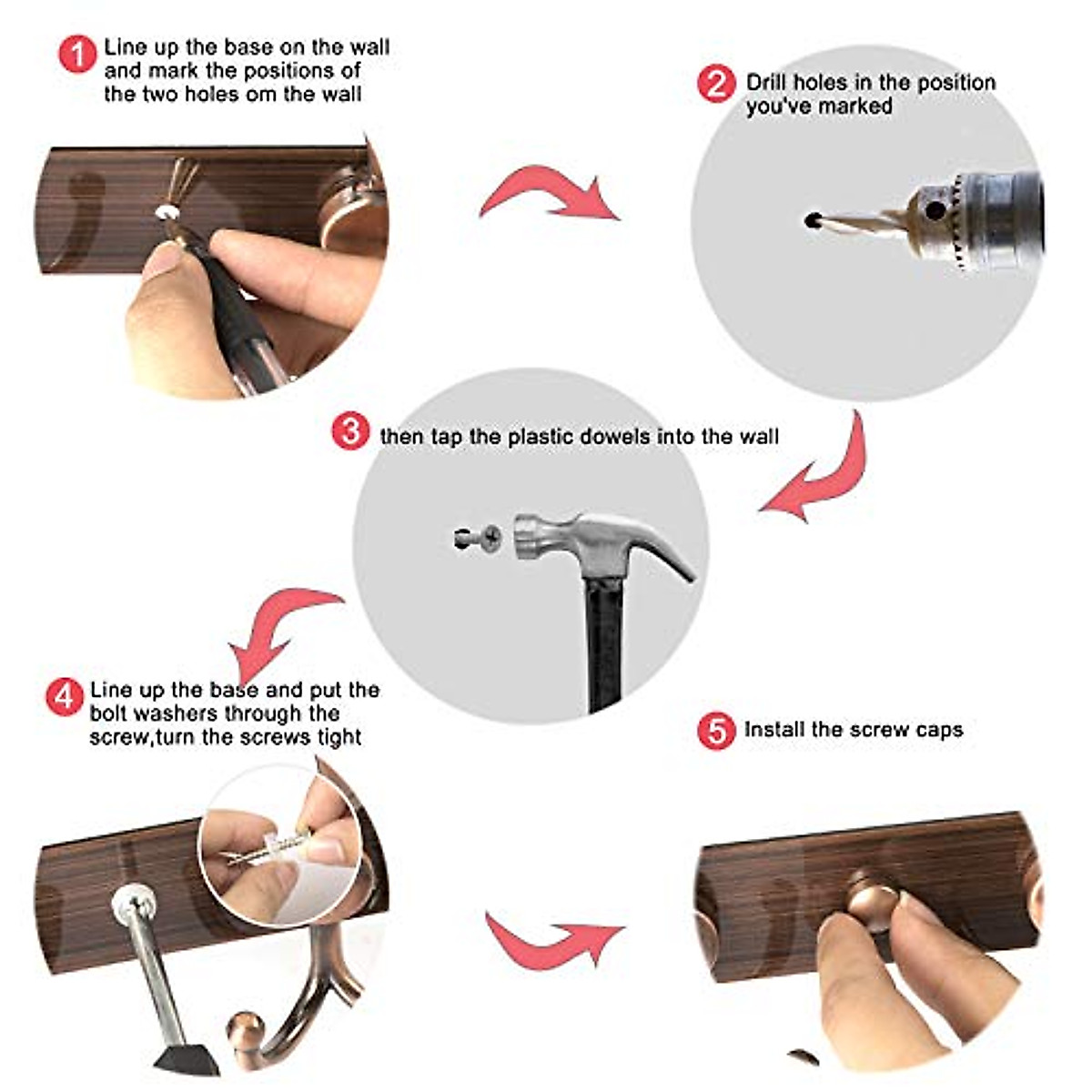 Coat Rack Wall Mounted, Coat Hanger Wall 5 Tri Hooks Heavy Duty Stainless Steel Coat Hook Rail for Coats Towels Purse Robes Keys and Hats(Copper)