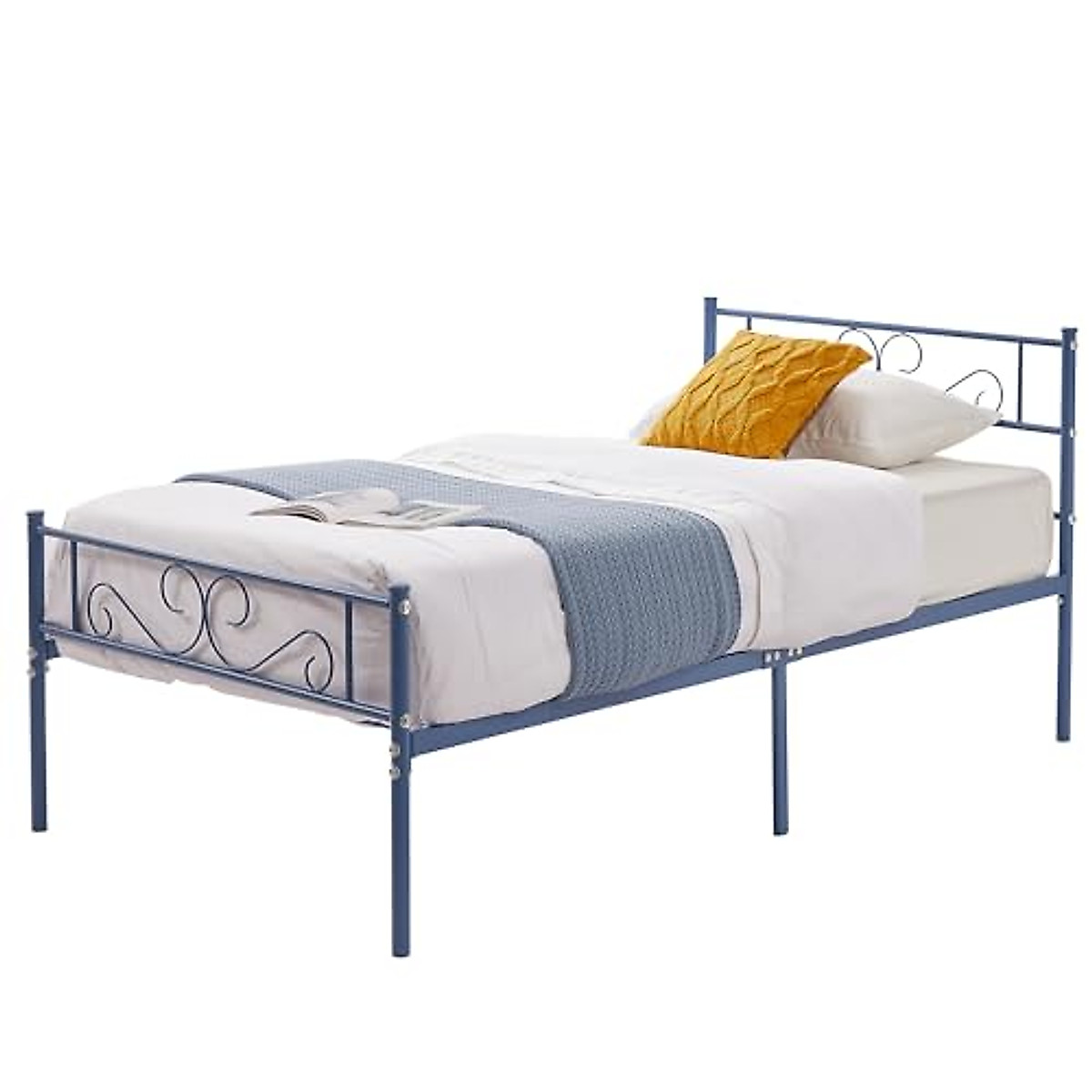VECELO Twin Size Bed Frame with Headboard, 14 Inch Metal Platform Mattress Foundation, No Boxing Spring Needed, Squeak Resistant, Easy Assembly, Sky Blue