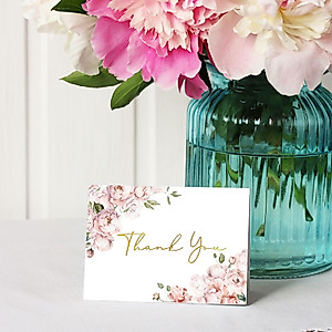 Whaline 36 Packs Floral Gold Foil Thank You Cards Watercolor Pink Flower Greeting Cards Blank Note Cards with Envelopes and Stickers for Wedding Baby Shower Bridal Shower Party, 4 x 6 Inch