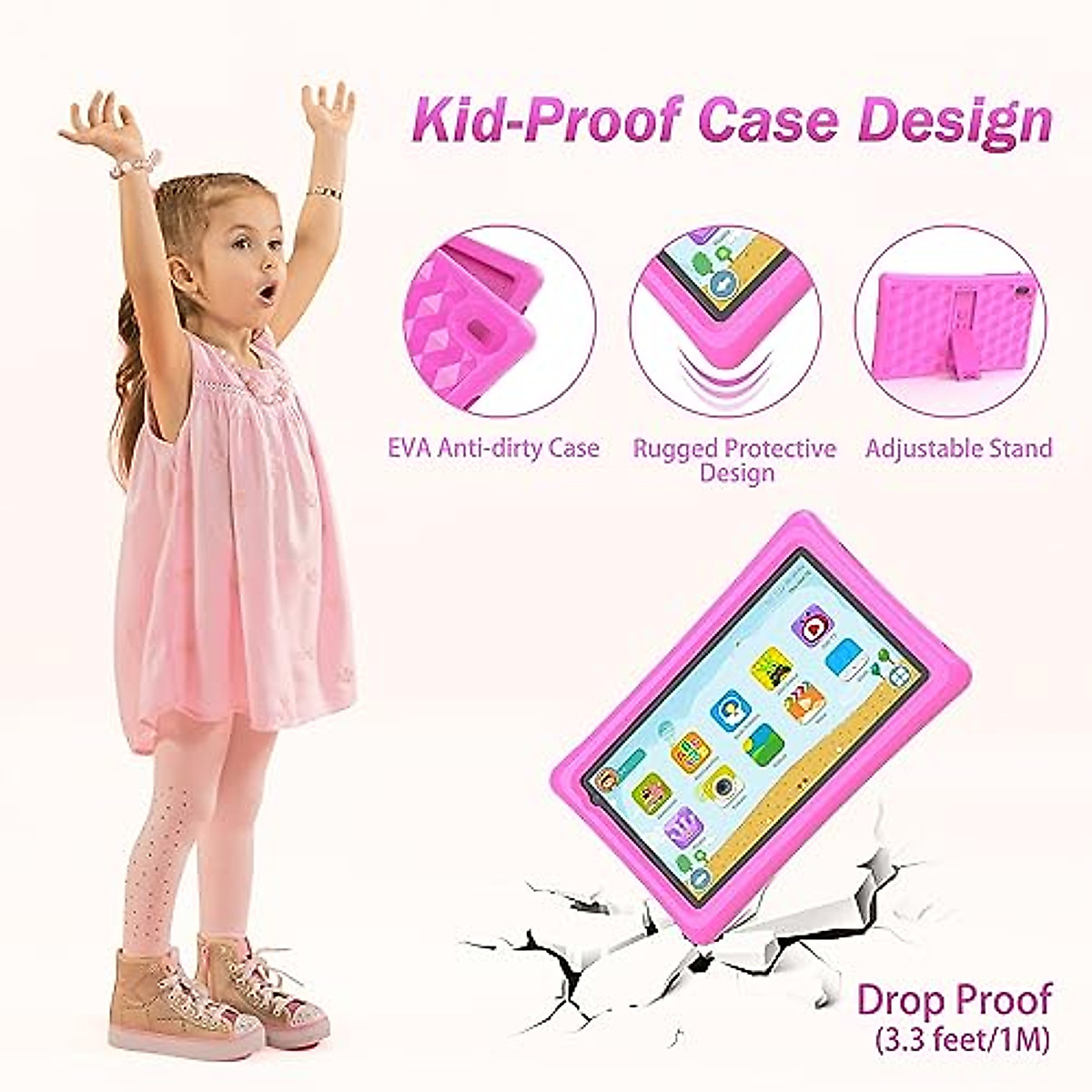 Kids Tablets, 7 inch Tablet for Kids Toddlers, Android Kids Tablet Children Tablet 2GB+32GB with Parental Control, Bluetooth, WiFi, Dual Camera, Google Play Store Pre Installed (Pink)