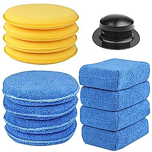 Electop 13 Pcs Car Wax Applicator Pads Kit 5 inch Microfiber Applicator Pads Blue Rectangle Microfiber Sponge Applicators Yellow Soft Foam Waxing Pad with Grip Handle