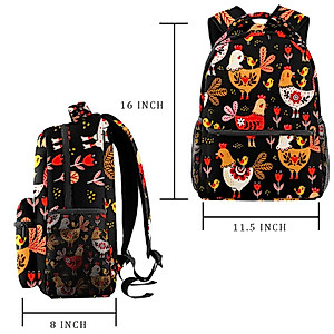 LORVIES Colorful Rooster Chicken Floral Pattern Lightweight School Classic Backpack Travel Rucksack for Girl Women Kids Teens