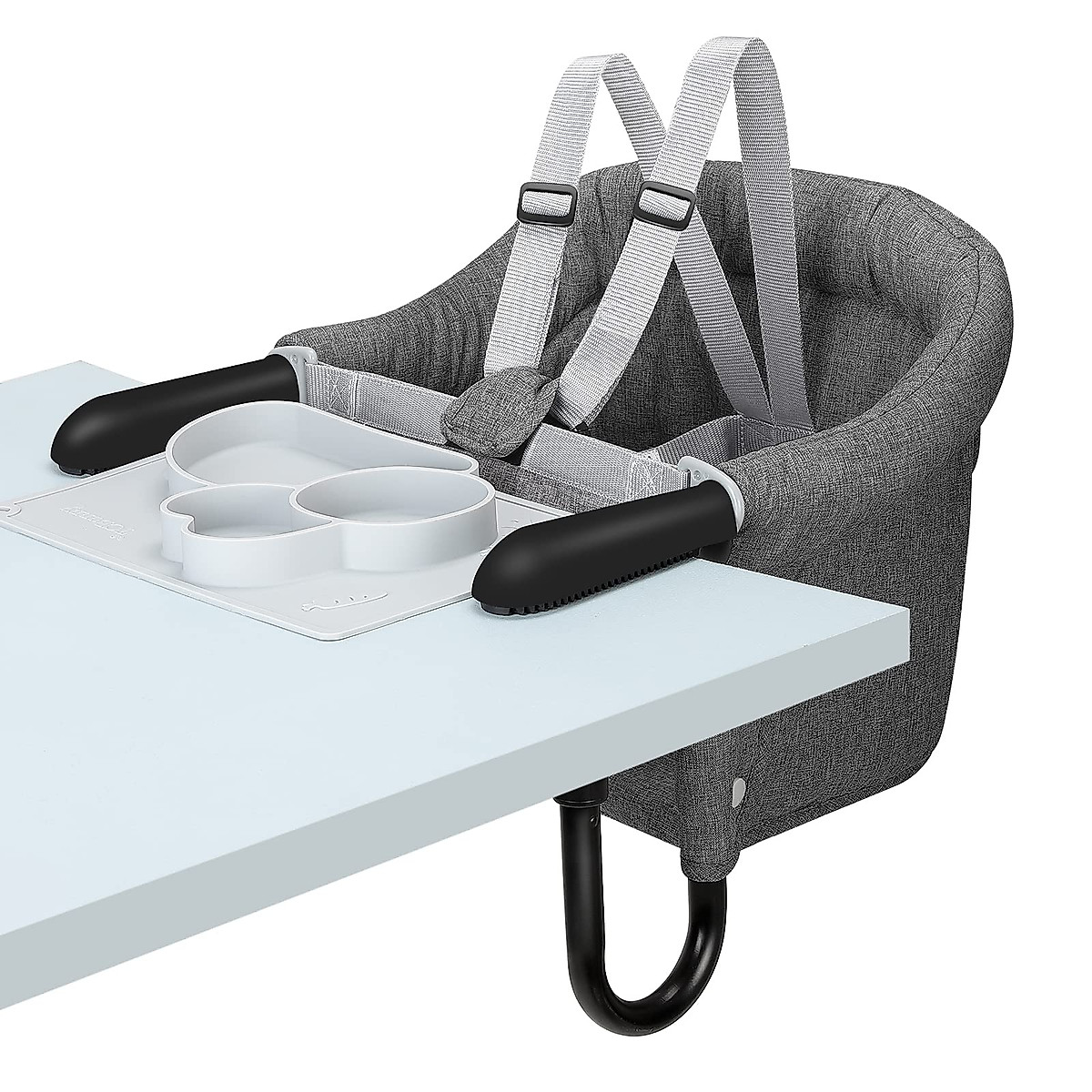 Hook On Chair with Tray, Fold-Flat Storage and Tight Fixing Clip on High Chair, Portable Baby Feeding Seat, High Chair for Home and Travel (Grey)