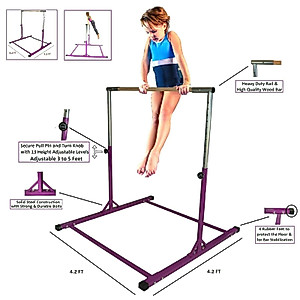 Athletic Bar Gymnastics Kip Bar Horizontal Bar Professional Junior Gymnastic Training High Bar Asymmetric Bar 13 Level Height Adjustable Expandable 3 to 5 FT Indoor Outdoor Use (Purple)