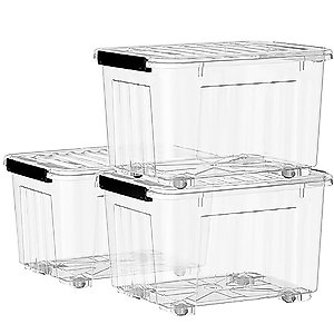 Cetomo 85Qt*3 Plastic Storage Bins, Storage Box, 3 Pack, Organizing Container with Wheels, Durable Lids and Secure Latching Buckles, Stackable and Nestable, Clear with Black Buckle