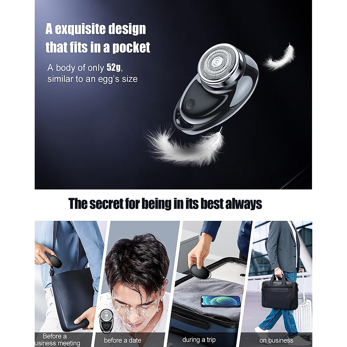 Electric Shaver One-Button Use Electric Razor for Men Rotary Portable Mini Shaver Pocket Size, Rechargeable, Wet&Dry, IPX6 Waterproof, Travel, Home, Office, Car (Black)