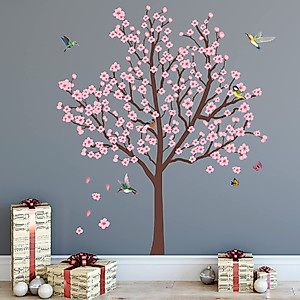 2 Sheets Removable Pink Peach Tree Wall Decals Cherry Blossom Trees Wall Stickers Birds Butterfly Wall Decal Home Art Decor for Kids Girls Babys Bedroom Nursery Room Living Room Decorations (A)