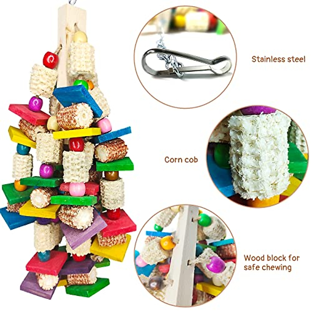 PINVNBY Large Bird Parrot Chewing Toy Parrot Cage Bite Toys Multiple Wood Blocks Bird Toy Natural Wooden Tearing Toy for Cockatoo African Grey Cockatiel Conure and Medium Parrot (Corn)