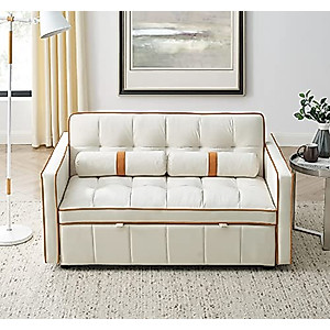 LKTART Modern 55.5'' Pull Out Sleeper Sofa Bed Loveseats Velvet Couch Adjustable Backrest Lumbar Pillows Side Pockets Living Room Apartment Beige