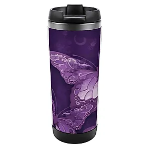 GHBNK Travel Coffee Mug Stainless Steel Insulated Coffee Mug Purple Butterflies Double Wall Travel Coffee Cup Reusable Insulated Tumbler with Lid for Iced And Hot Drinks