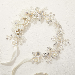 SWEETV Pearl Bridal Headband Sliver Wedding Headpieces for Bride, Crystal Flower Hair Accessories for Women Girls