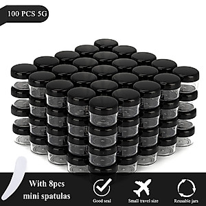 100PCS 5 Gram Sample Containers, 5ml Empty Jars with Lids, Small Cosmetic Containers, Mini Sample Jars with 8PCS Mini Spatulas for Make Up, Oils, Lotion, Powder, Paint, Jewelry, Lip Balms(Black Lid)