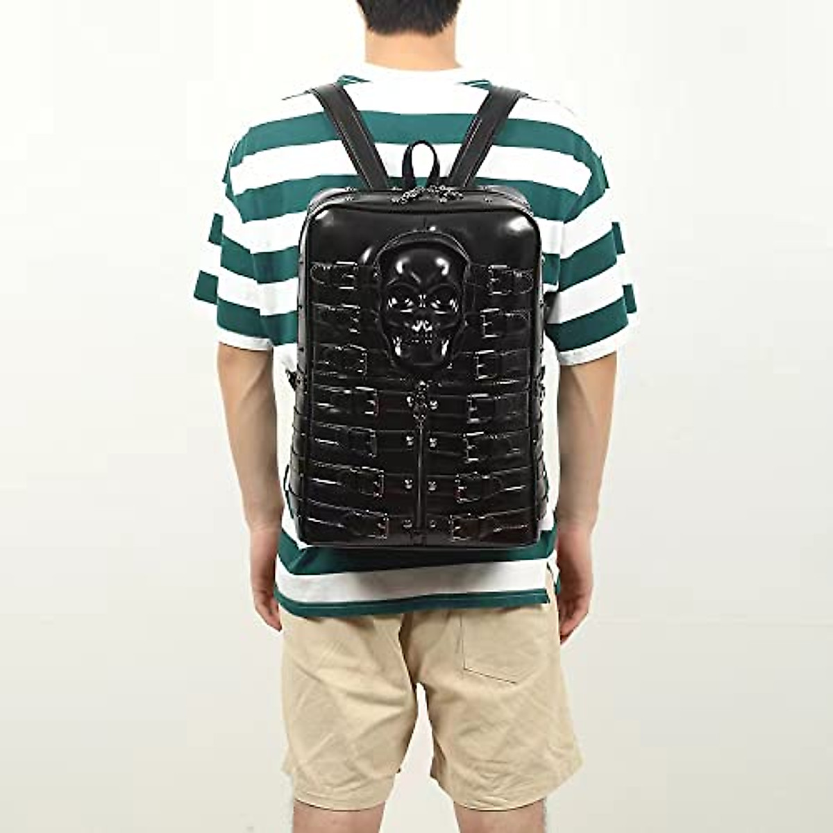 AMVIKS 3D Black Skull Backpack for Men,PU Leather Unisex Punk Style Travel Back Packs,Rivet Large Bags