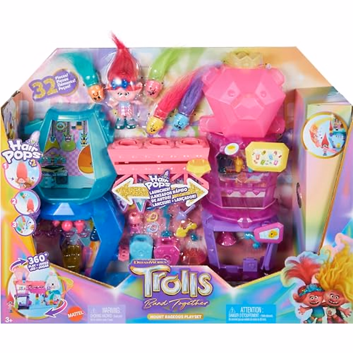 Mattel DreamWorks Trolls Band Together Toys, Mount Rageous Playset with Queen Poppy Small Doll & 25+ Accessories, 4 Hair Pops
