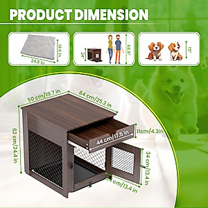 PURRPAXZ Dog Kennel Furniture, Wooden Dog Crate End Table Under 25 lbs, metal mesh Dog Crate Indoor Kennel for with Storage Drawer & Cushion & Tray for bedrooms(Brown)