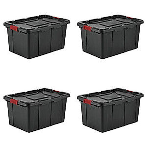 Sterilite 14669004 27 Gallon/102 Liter Industrial Tote, Black Lid & Base w/ Racer Red Latches, 4-Pack