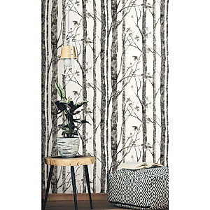 RoomMates RMK11728WP Birch Trees Gray Peel and Stick Wallpaper, White/Grey
