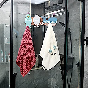 2-Pack Nautical Theme Hook Wall Mounted Wooden Coat Rack Key Hooks, Wooden Fish Welcome Key Holder for Wall with 3 Hooks Organizer, Welcome Door Wall Hook with Beach Nautical Decoration