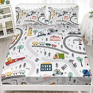AILONEN Construction Fitted Sheet Set Full Size, Cartoon Cars Fitted Sheet,Equipment Truck Sheets Set for Boys Kids, 1 Fitted Sheet and 2 Pillowcases