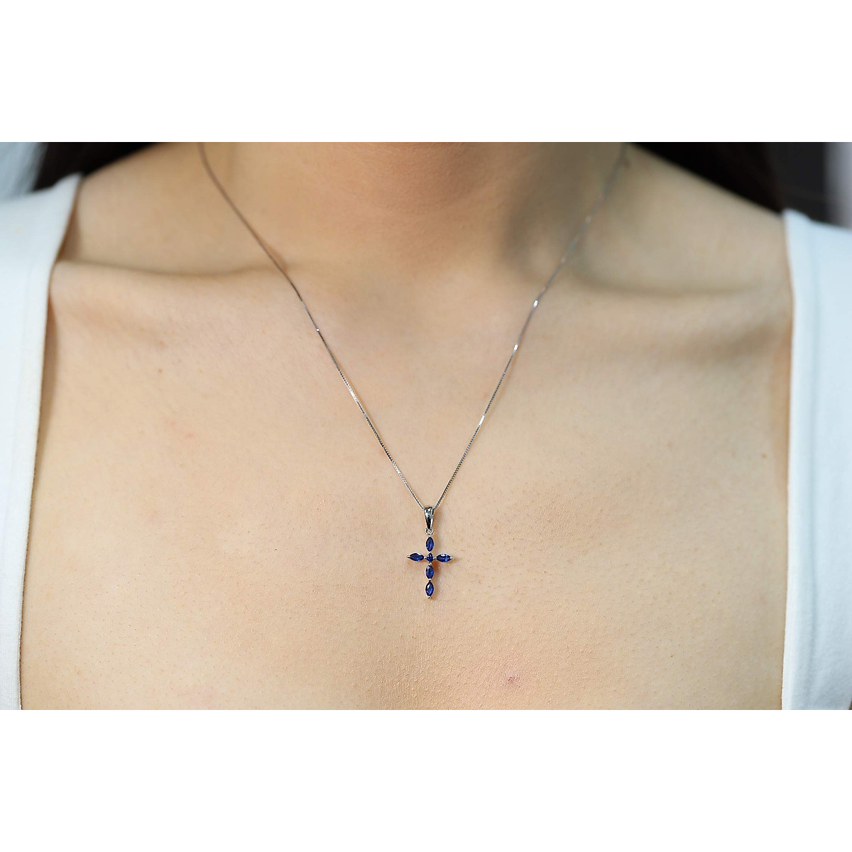 Gin & Grace 10K White Gold Cross Pendant Genuine Blue Sapphire Diamond (I1,I2) Pendant for Women
