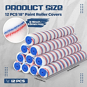 Leumoi 12 Pcs 18'' Paint Roller Covers Bulk Microfiber Refill Roller Cover with End Caps Painter Lint Free 18 Inch Paint Roller Kit Home Repair Tools for Most Types of Painting Surfaces (3/8" Nap)