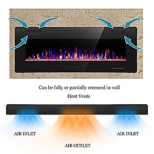 R.W.FLAME Electric Fireplace 50 inch Recessed and Wall Mounted,The Thinnest FireplaceLow Noise , Fit for 2 x 4 and 2 x 6 Stud, Remote Control with Timer,Touch Screen,Adjustable Flame Colors and Speed
