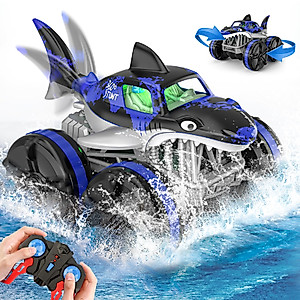 Amphibious Remote Control Car, RC Cars 2.4 GHz Working on Water, All Terrain Monster Shark Truck Stunt Car, Toys Gift for Boys Girls Age 5 6 7 8 9 10