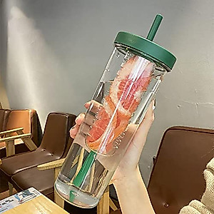 oAutoSjy Water Bottle with Filter and Straw Portable Transparent Water Cup with Lid Collapsible Suck Tube Cup Large Capacity Drinking Bottle for Girls Plastic Wide Mouth Juice Bottle for Travel, Green
