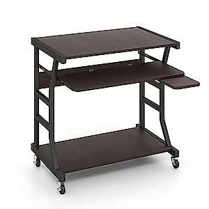 Tangkula Mobile Computer Desk with Keyboard Tray, Portable Small Rolling Desk with Mouse Tray & Bottom Storage Shelf, Rolling Laptop PC Desk Cart with Lockable Wheels for Small Space (Brown)