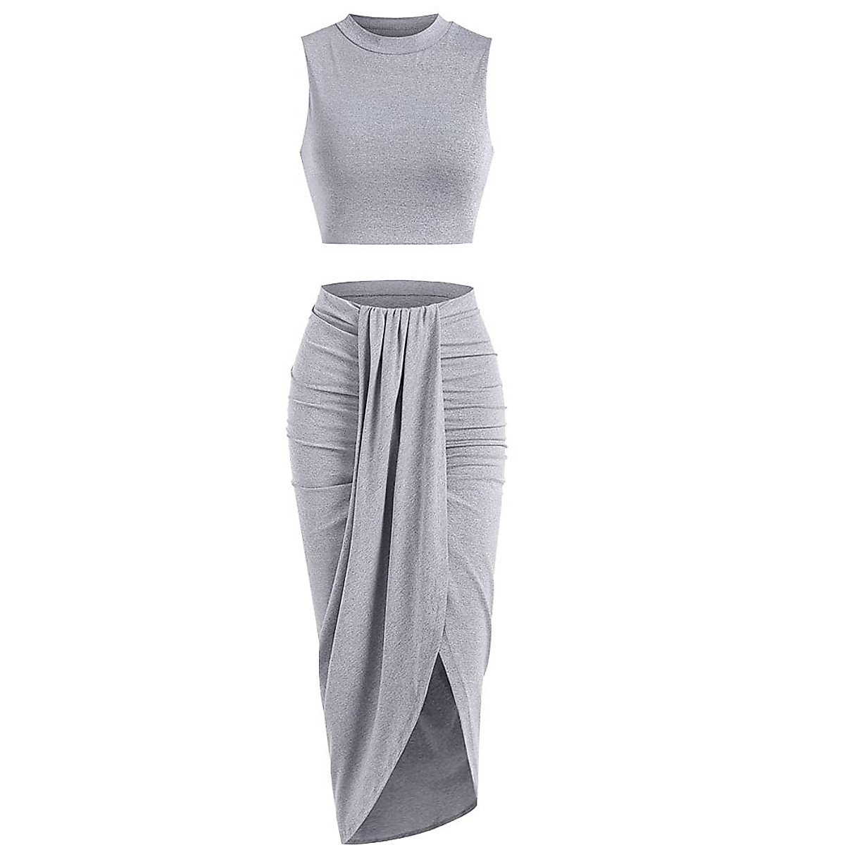 ZAFUL Women’s 2 Pieces Skirt with Crop Tank, High-Slit Twist Skirt Set Bodycon Dress for Party Club Nightout Cocktail (Grey-Ruched, Large)