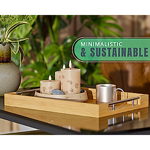 Set of 2 Decorative Serving Trays - Bamboo + Silver Stainless Steel Handles - Coffee Table or Ottoman Tray for Breakfast in Bed Jewelry, Decor Organization - 12"x17" - Pure Bamboo Finish