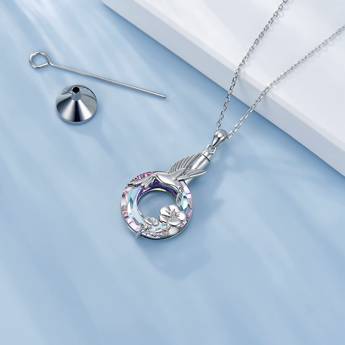 925 Sterling Silver Butterfly Hummingbird Rose Urn Necklace for Ashes Crystal Cremation Pendant Memorial Jewelry for Women (Hummingbird (Purple))