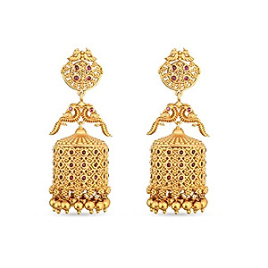 Tarinika Antique Gold Plated Dhvani Jhumkas with Peacock Design - Indian Earrings for Women | Perfect for Ethnic Occasions | Traditional South Indian Jewelry | 1 Year Warranty*