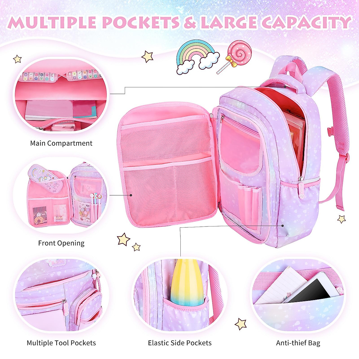 Backpacks for Girls, Kids Backpack School Bookbags with Insulated Lunch Box for School Elementary Girl, School Bag with Laptop Compartments, Galaxy Purple