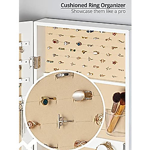 LUXFURNI Mirror Jewelry Armoire Cabinet with Storage, Door Hanging/Wall Mounted Cabinet Organizer with Brush Holder, White