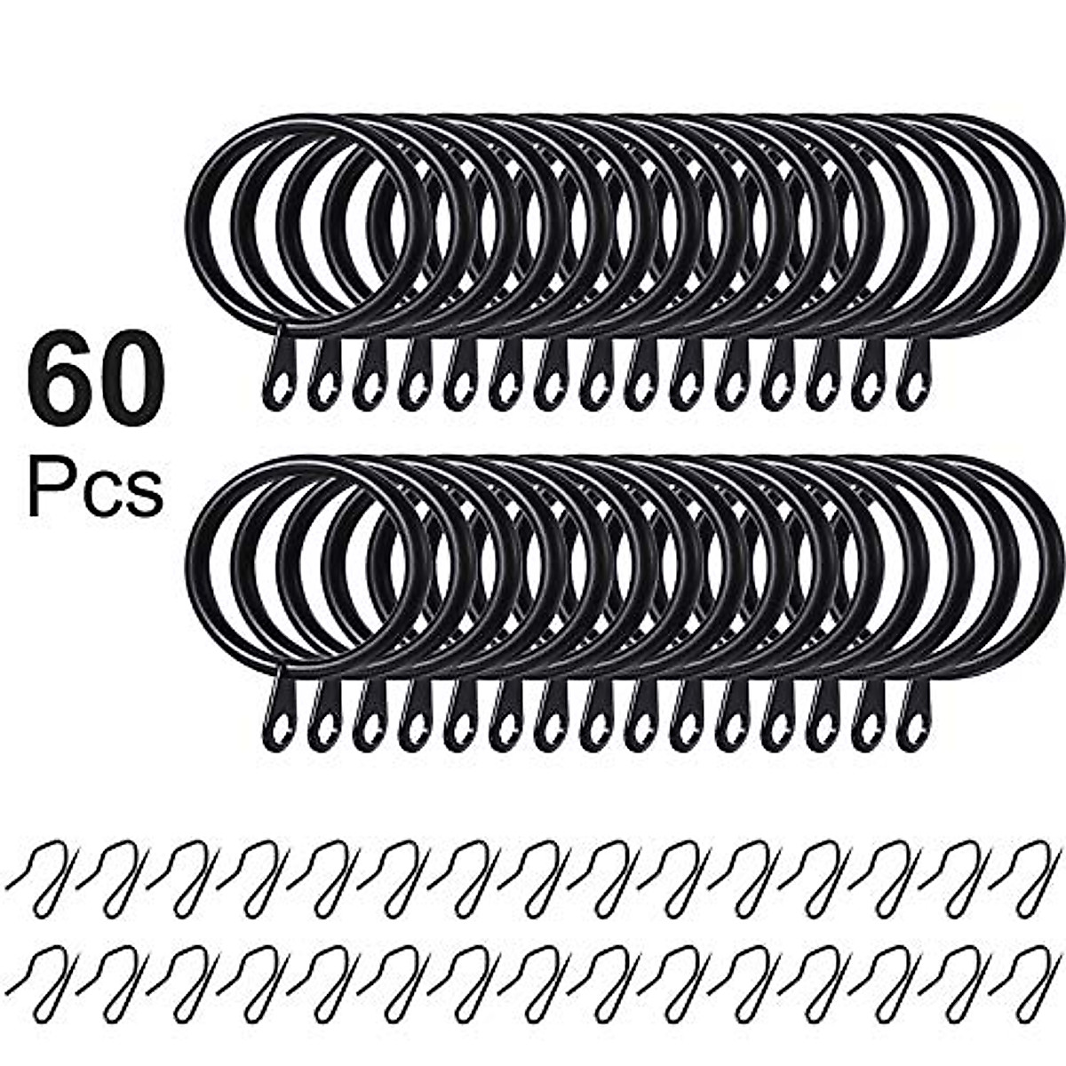 Hotop 30 Pieces Metal Drapery Curtain Rings and 30 Pieces Hanging Metal Curtain Drapery Pin Hooks for Window Door Shower(32 mm,Black)
