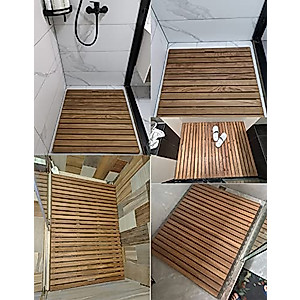 Heavy Duty Teak Wood Shower Mats Non Slip Waterproof, Raised Slated Platform Pads with Foot Pad, Inside Outside Bath Tubs Floor Mat, Portable Doormat (Size : 30x30cm(11.8x11.8in))