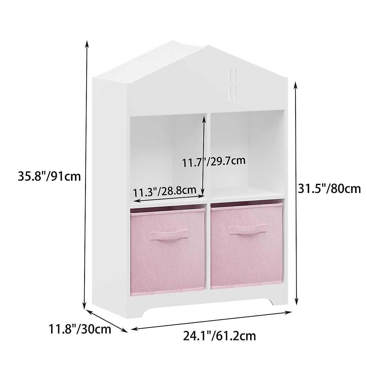 Tzou Kids Dollhouse Bookcase with Storage, Toddler Bookshelf, 2-Tier Storage Display Organizer with 2 Collapsible Fabric Drawers for Boys Girls Bedroom, Playroom House Bookshelf White+Pink