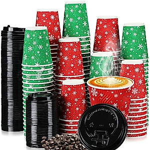 Ziliny 200 Pcs Christmas Coffee Cups with Lids 12 oz Hot Drink Cups Xmas Snowflake Paper Cups Disposable Large Hot Beverage Cups for Water Tea Office Home Drink Travel(Red, Green)