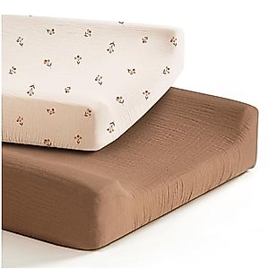Konssy 2 Pack Muslin Changing Pad Cover for Baby Girls Boys 100% Cotton Fitted Diaper Changing Table Cover Set, Soft Changing Pad Sheets (Brown, Berry)