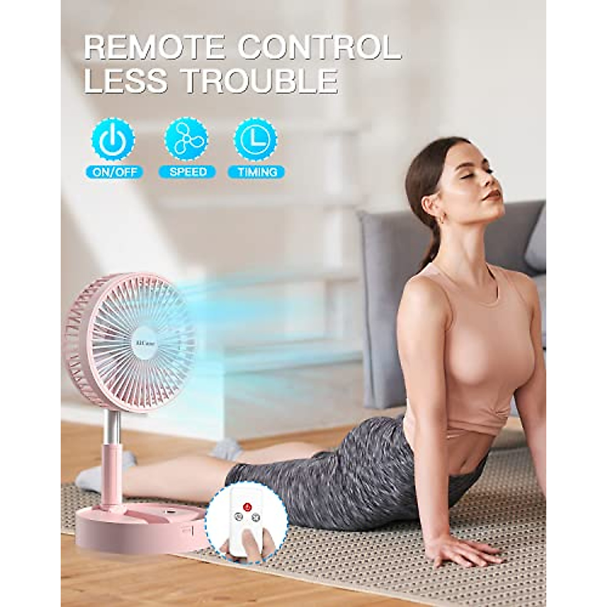 AICase Stand Fan,Folding Portable Telescopic Floor/USB Desk Fan with 7200mAh Rechargeable Battery,4 Speeds Super Quiet Adjustable Height and Head Great for Office Home Outdoor Camping-pink