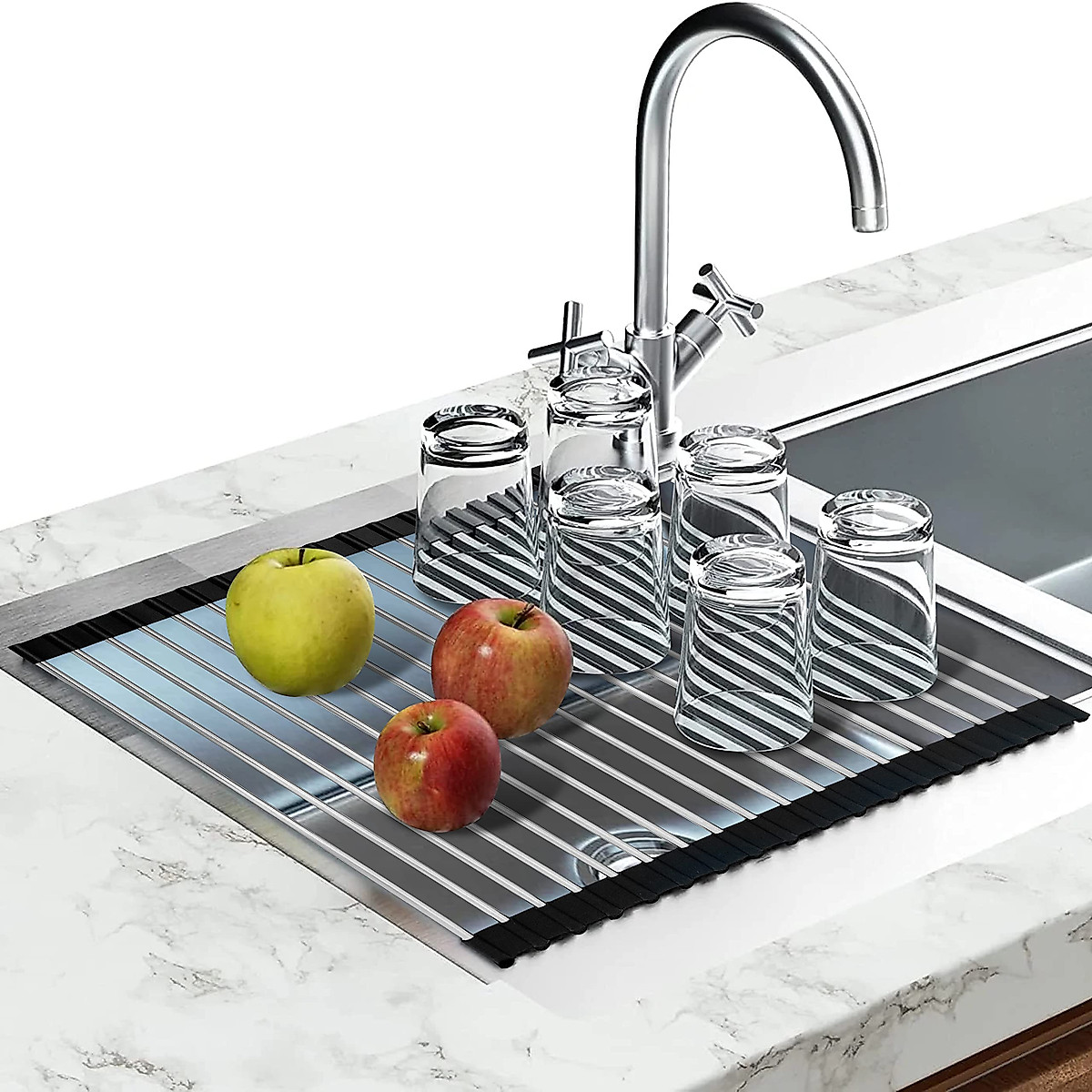 MK3 roll up Dish Drying Rack for Kitchen Counter , with Sponge Holder for Kitchen Sink Caddy Organizer Telescopic Storage Black