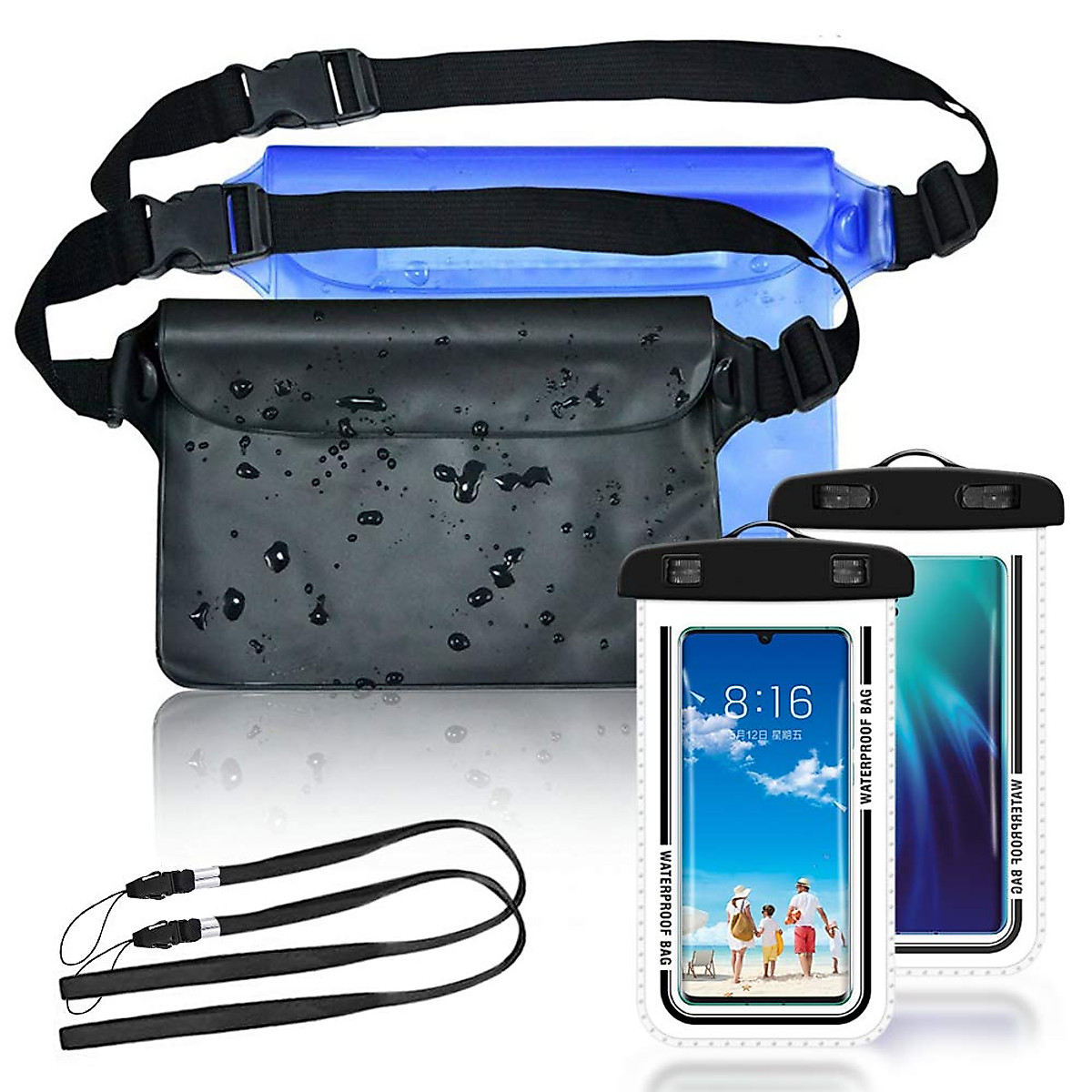 SITAKE 4 Pcs Waterproof Pouch Bags Set, Including 2 Waterproof Waist Pouch with adjustable waist strap, 2 Waterproof Phone Cases for kayaking, Swimming,travel (Black+Blue)