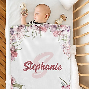 LESOON Customized Baby Blankets with Name - Personalized Boho Floral Blankets for Girls and Boys - Custom Toddler Blanket Baby Gifts for Newborns and Kids - Pink Floral Design