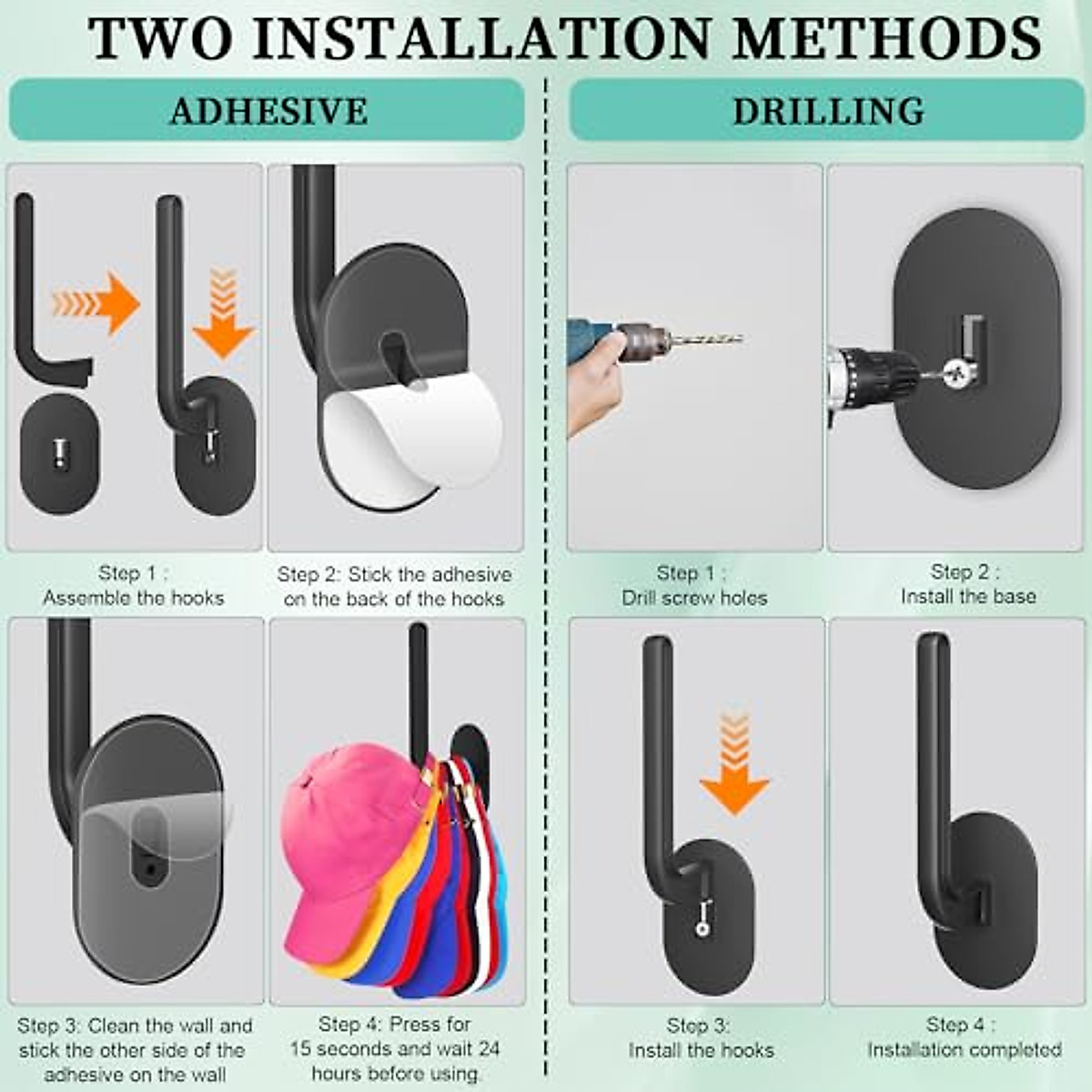 Eiito Hat Hooks for Caps Storage-4Pack,Multi-Purpose Hat Organizer,Strong Adhesive Hat Racks for Wall, Two Mounting Options RV Organization and Storage Cap Hanger(Black)