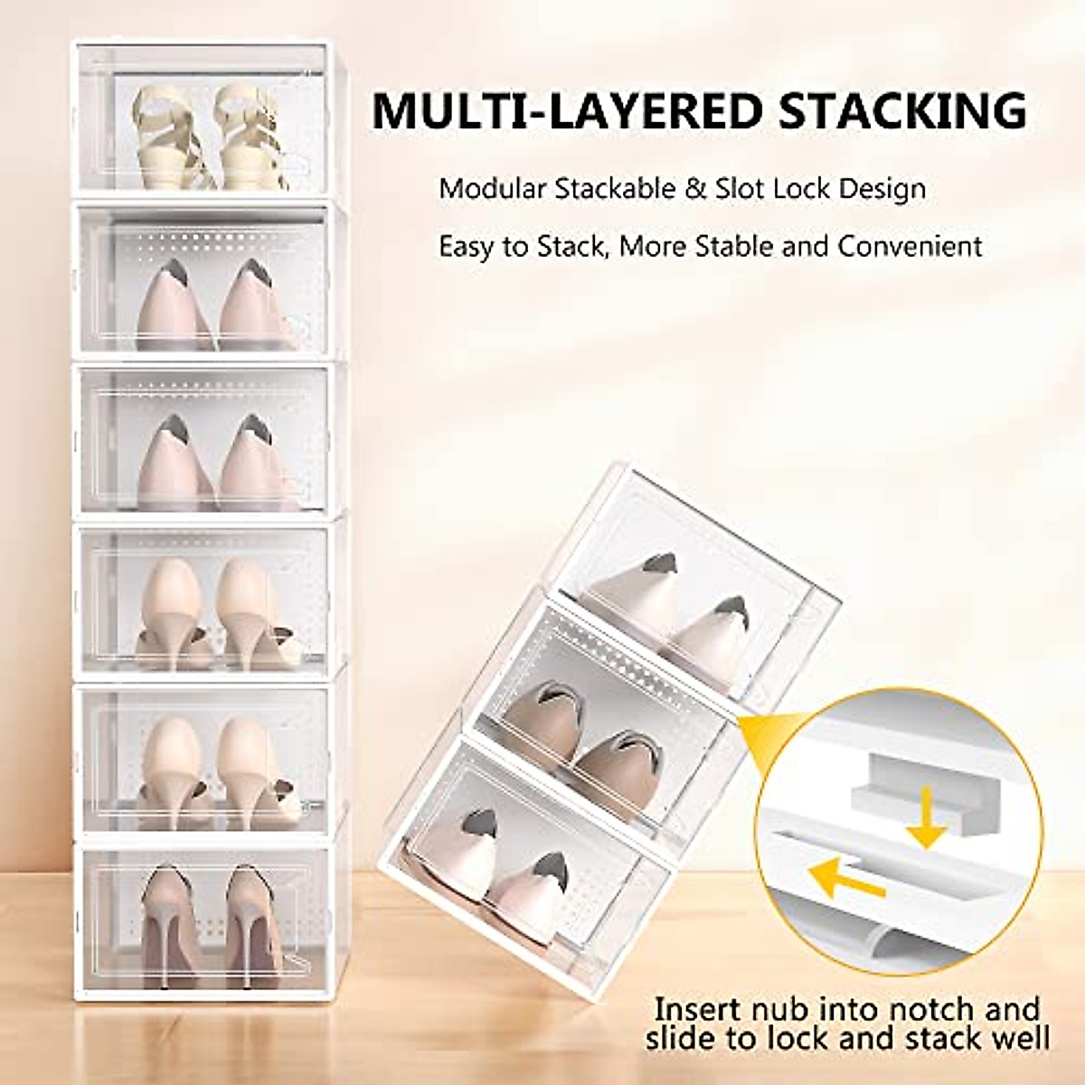 12 Pack Large Shoe Organizer Storage Boxes for Closet, Modular Space Saving Shoe Boxes Clear Plastic Stackable Sneaker Containers Display Case with Lids, White